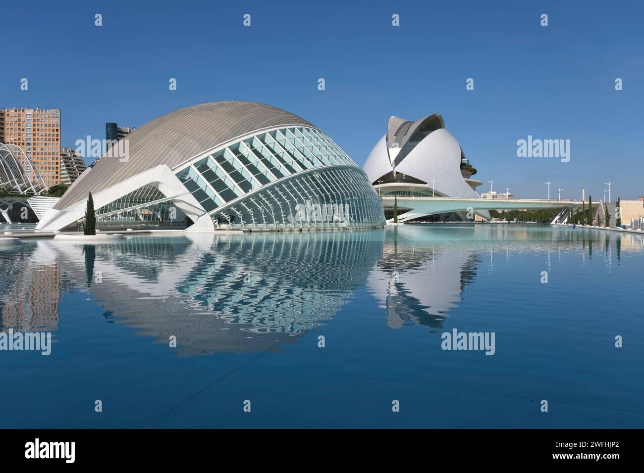 Queen Sofia Palace of Arts and the Hemisfèric, reflected in a pool of ...