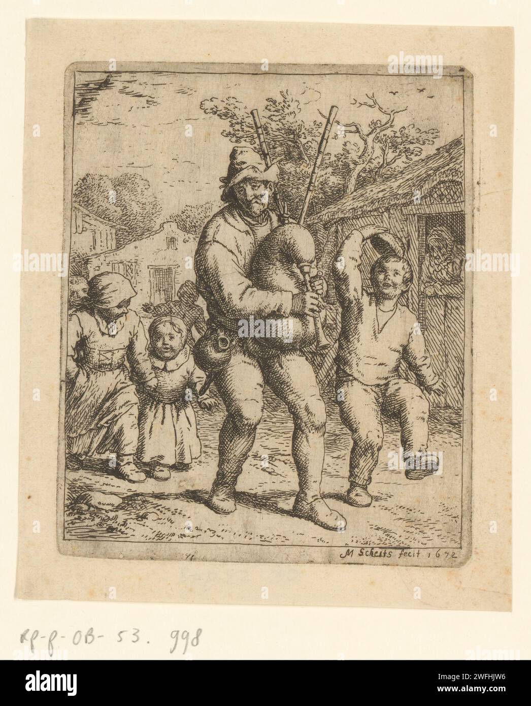Doedelzakspeler, Matthias Scheits, 1672 print paper etching bagpipe ...
