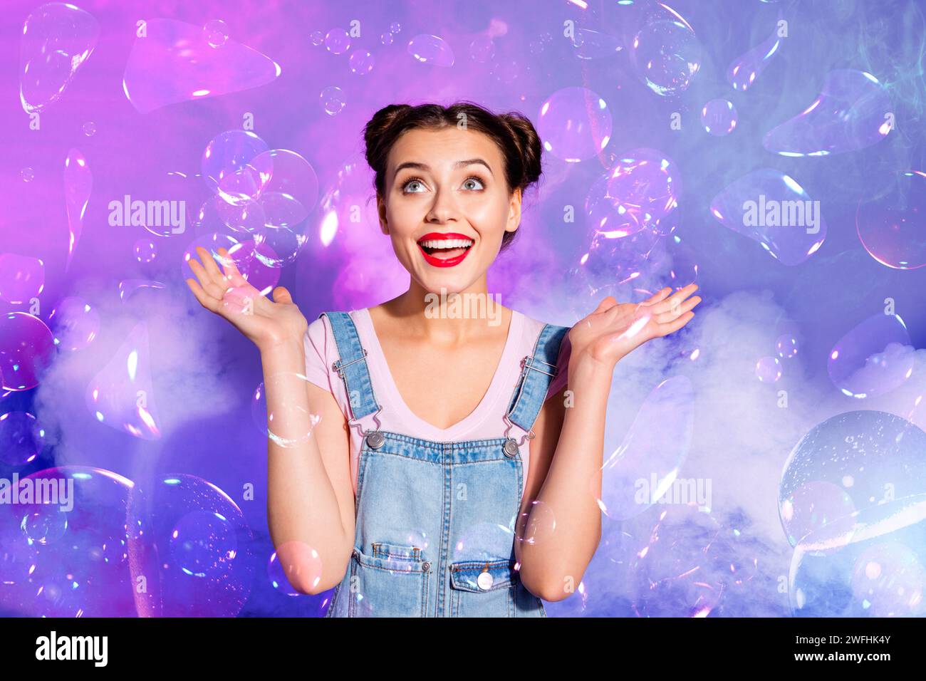 Creative magical collage of girl amazed by visual effect illusion ...