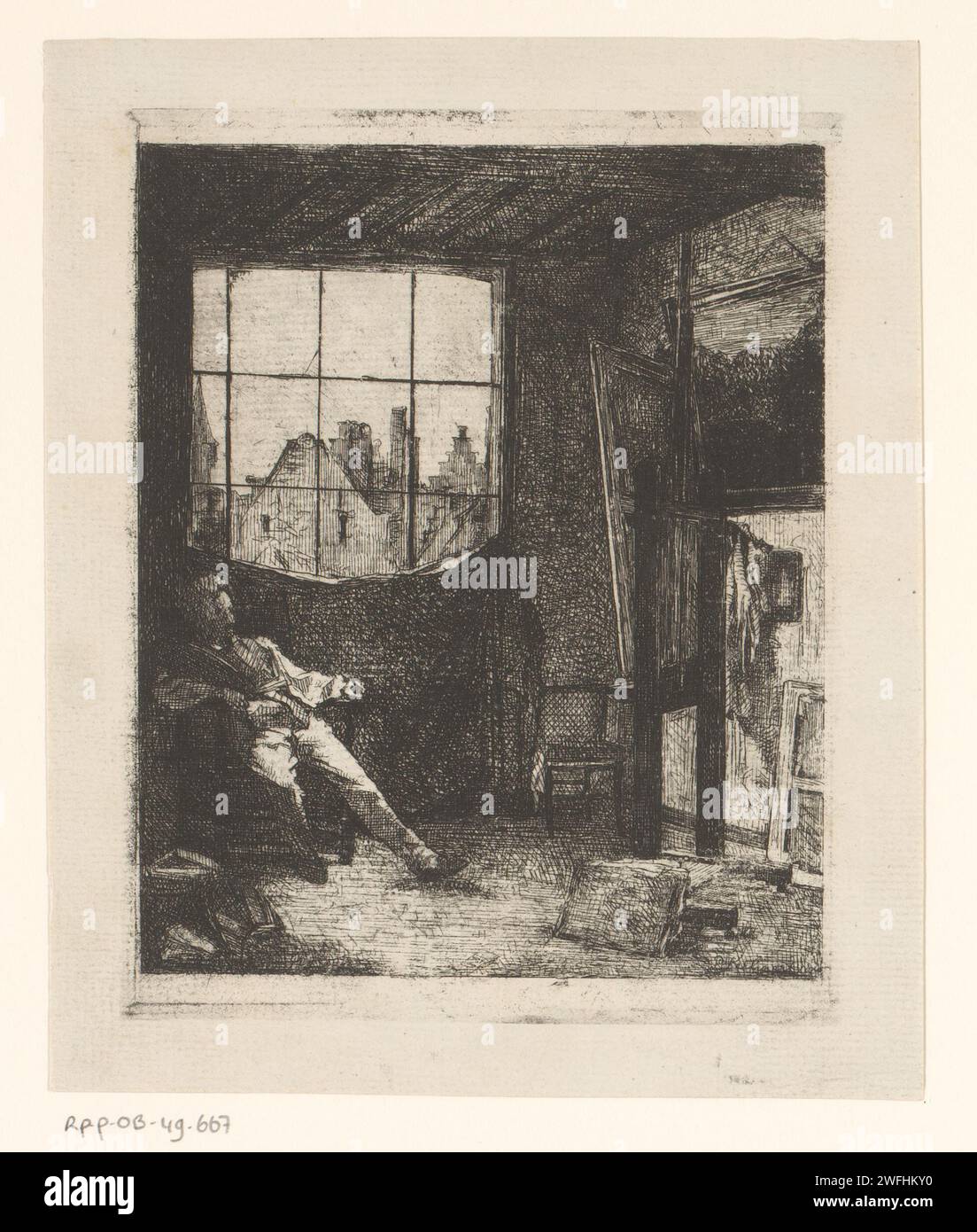 Painter sees his work in his studio, Piet Verhaert, 1876 print paper ...