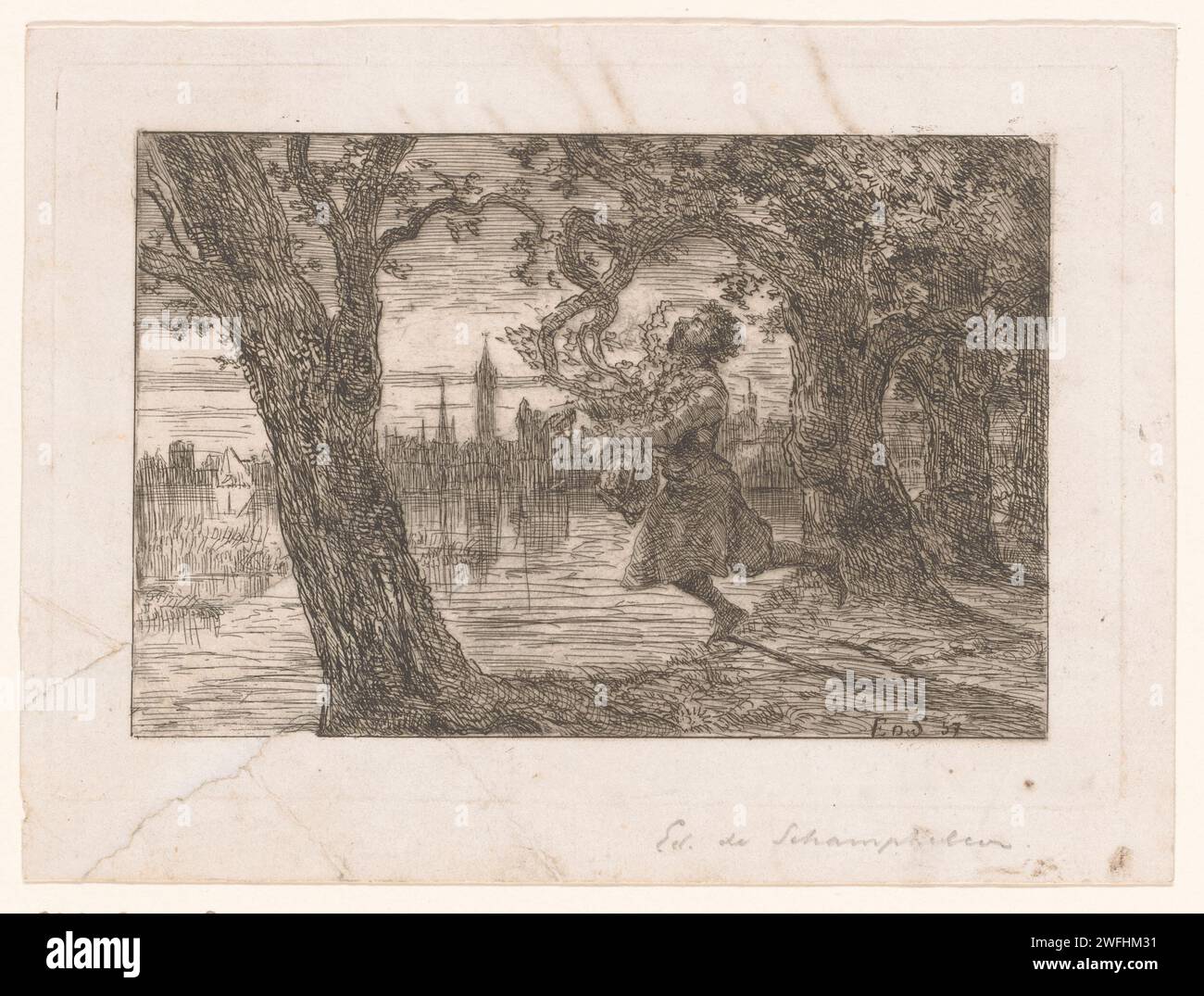 Stumbling man on the edge of a forest with city in the background ...