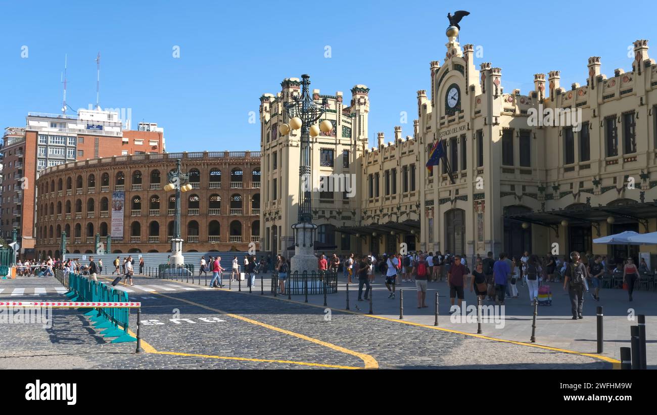 the elegant art nouveau facade of València Nord, Train stationValencia ...