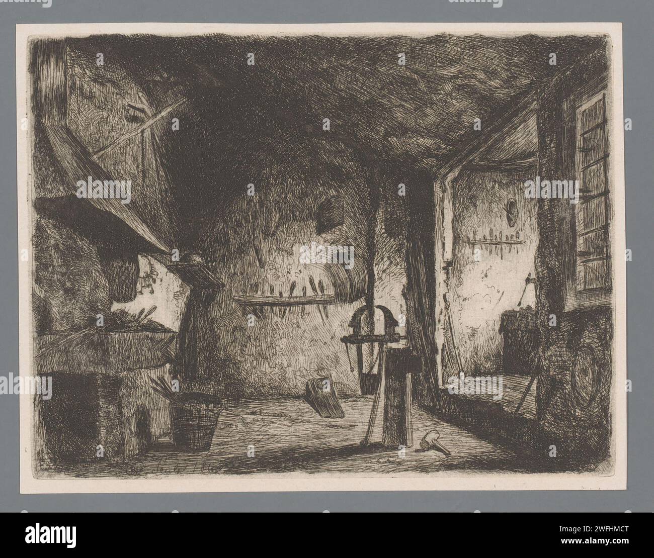 Interior of a Smederij, Willem Linnig (II), 1862 print paper etching ...