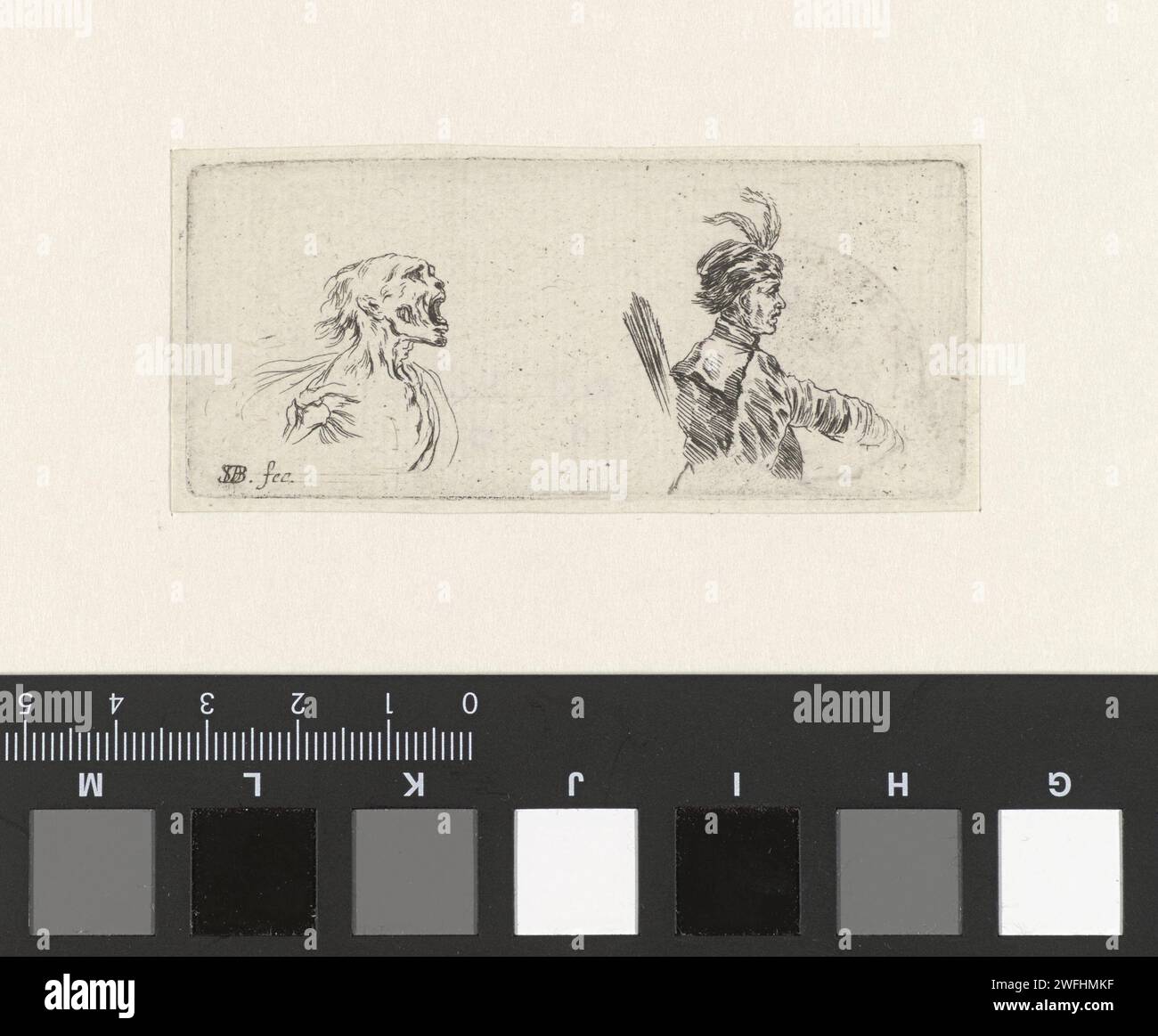 Bust of a screaming maniculated man and bust of a man with beret with ...