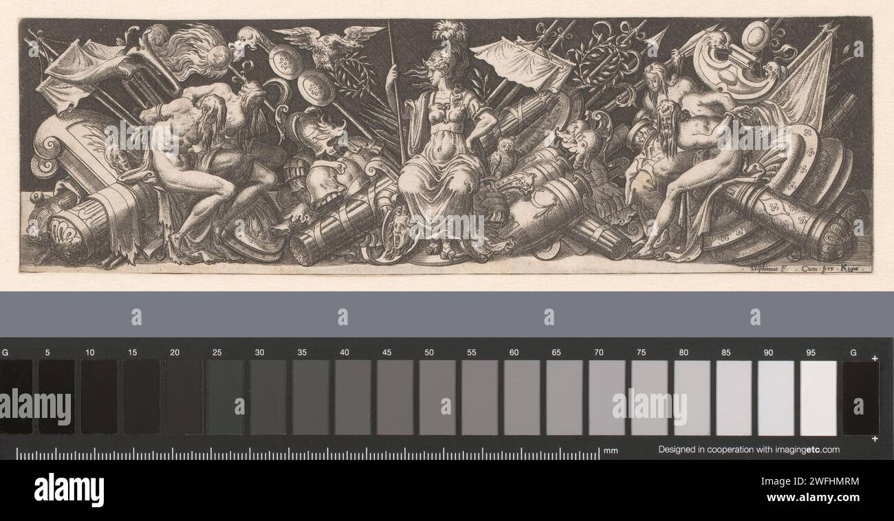 Bellona sat on war trophies, Etienne Delaune, 1528 - 1583 print France paper engraving Bellona ...