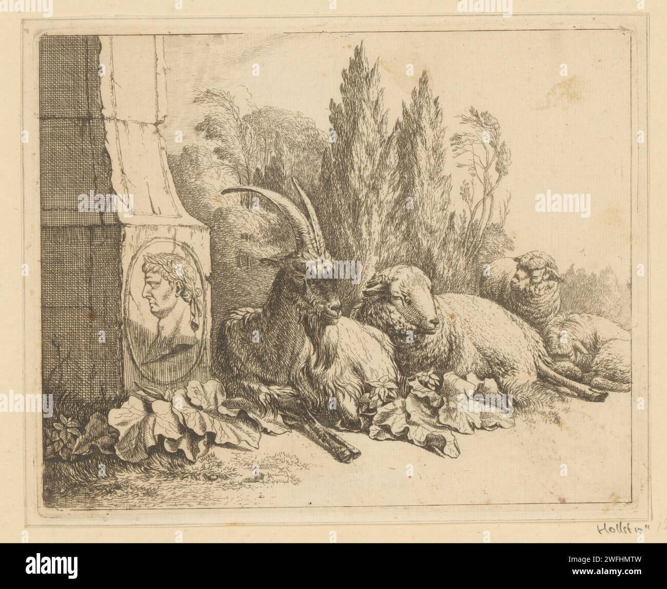 Lying goat and three sheep by foot of Obelisk with bust of Roman ...