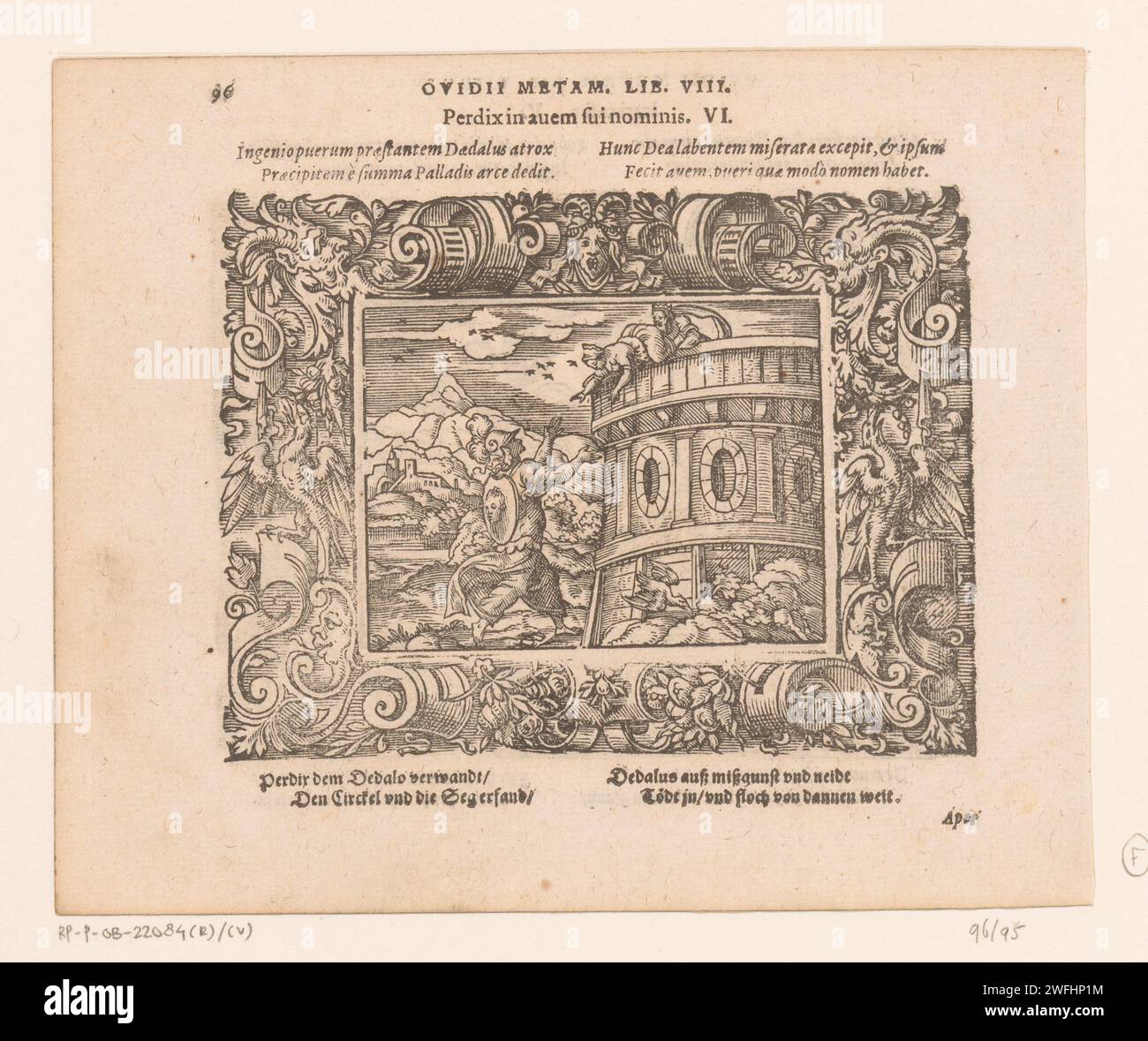 Minerva verandert partridge in Een Patrijs, Virgil, 1569 print Daedalus ...