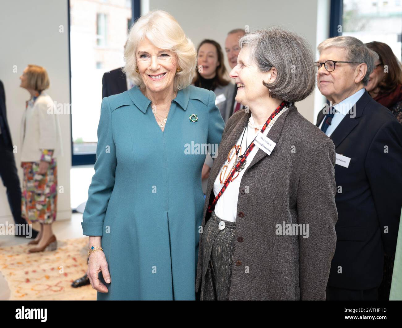 Queen Camilla (left) with Viscountess Marcia Blakenham during her visit ...