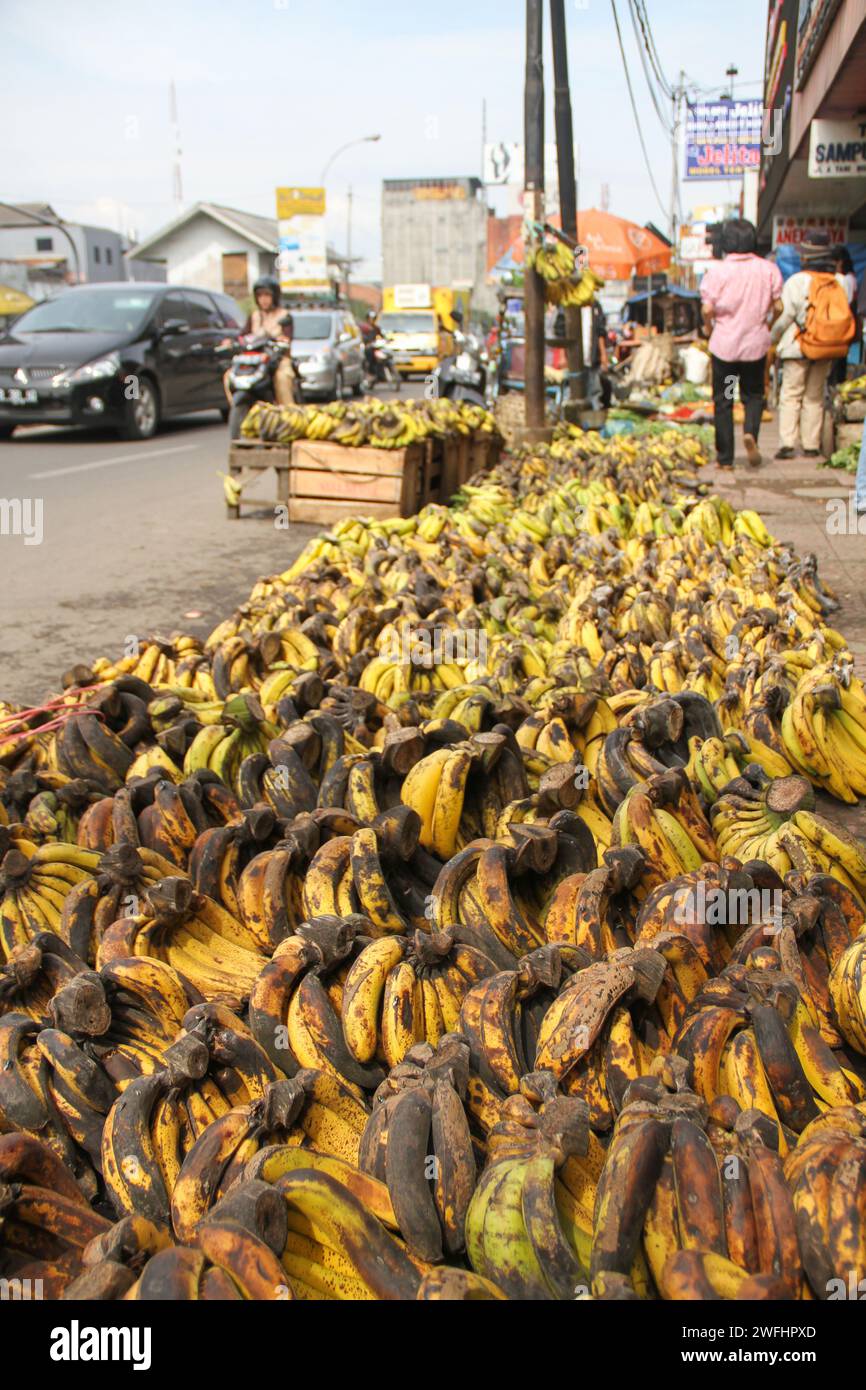 Lots of bananas for sale on a sidewalk in Bandung, West Java, Indonesia ...