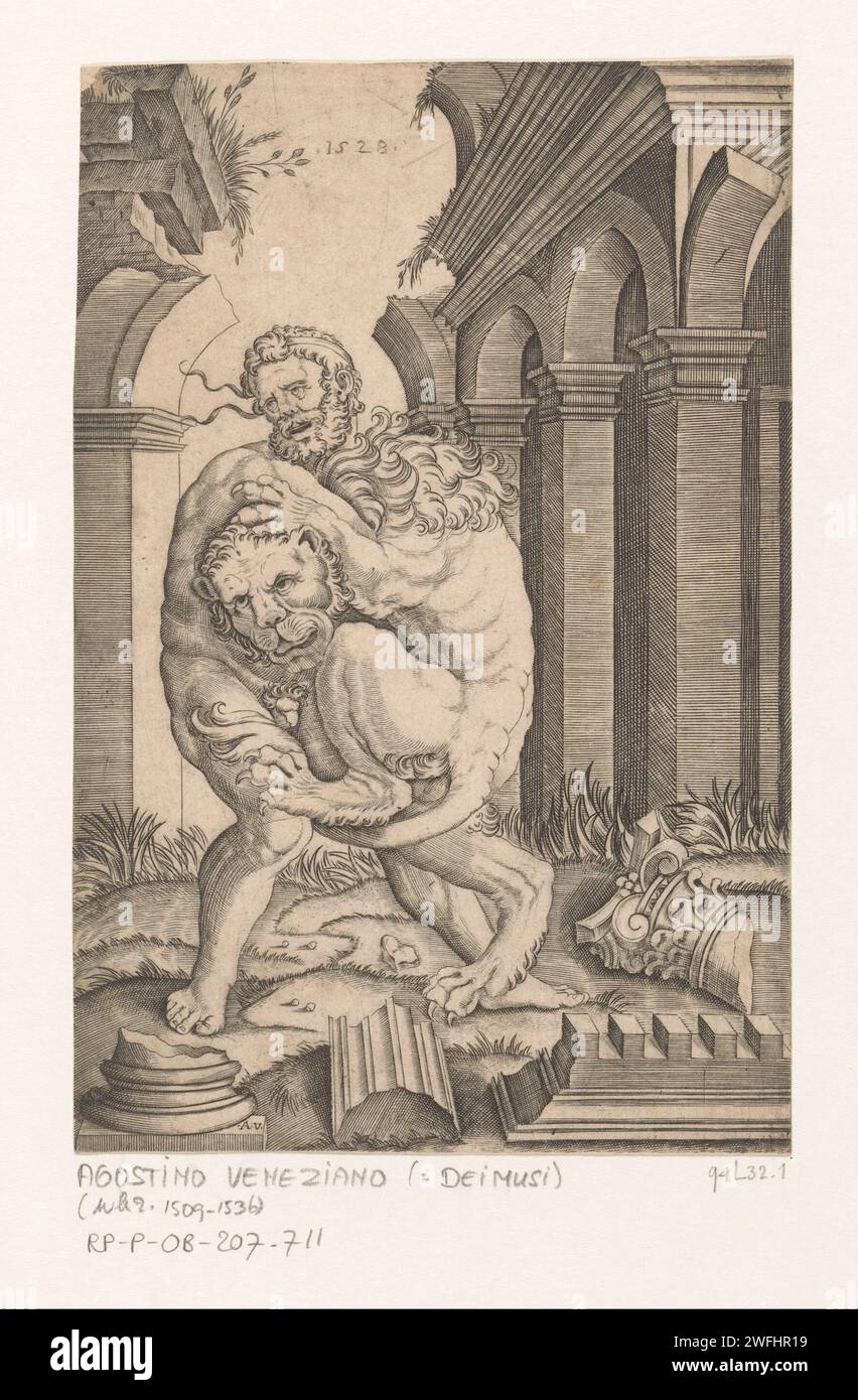 Hercules and the Nemean Lion, 1528 print Hercules stands between the ...