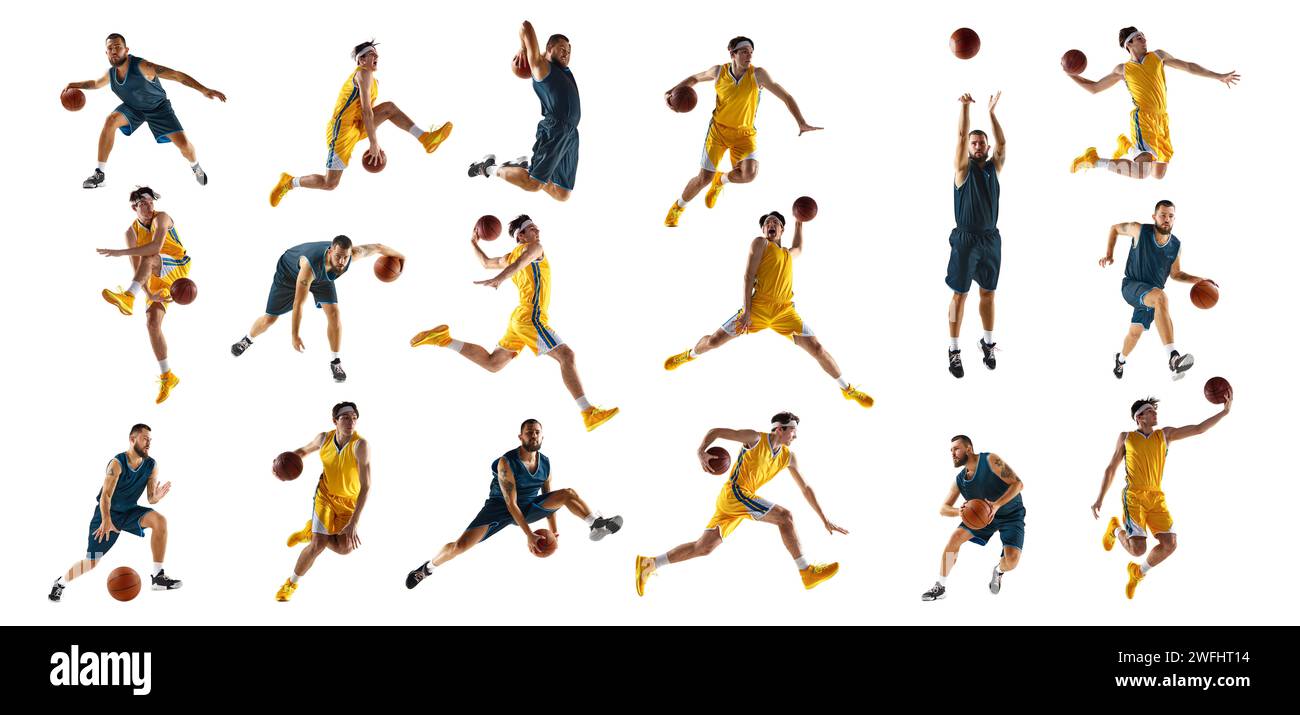 Collage. Athletic men, basketball players in sportwear exercising ...
