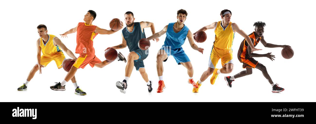 Collage. Young guys of different races, athletic builds, basketball ...