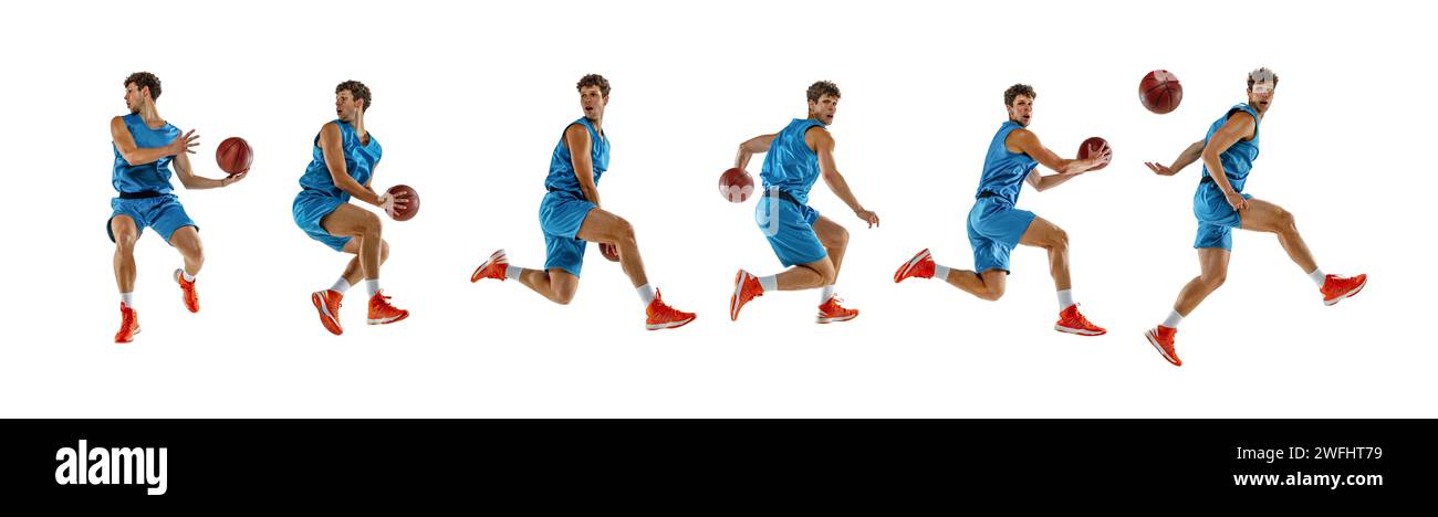 Collage. Competitive athletic man, basketball player demonstrated his ...