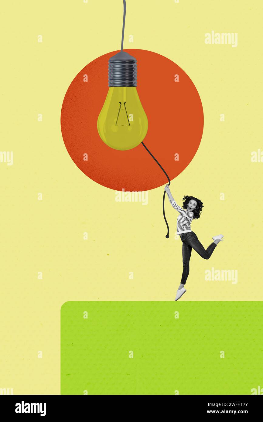 Vertical creative collage picture banner young amazed girl pulling rope ...