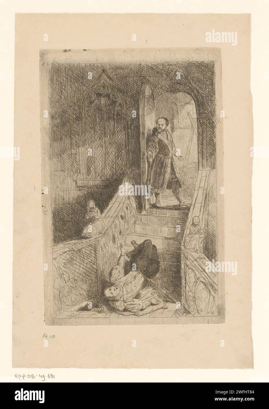 Erasmus at the top a staircase with a fallen man at the bottom ...