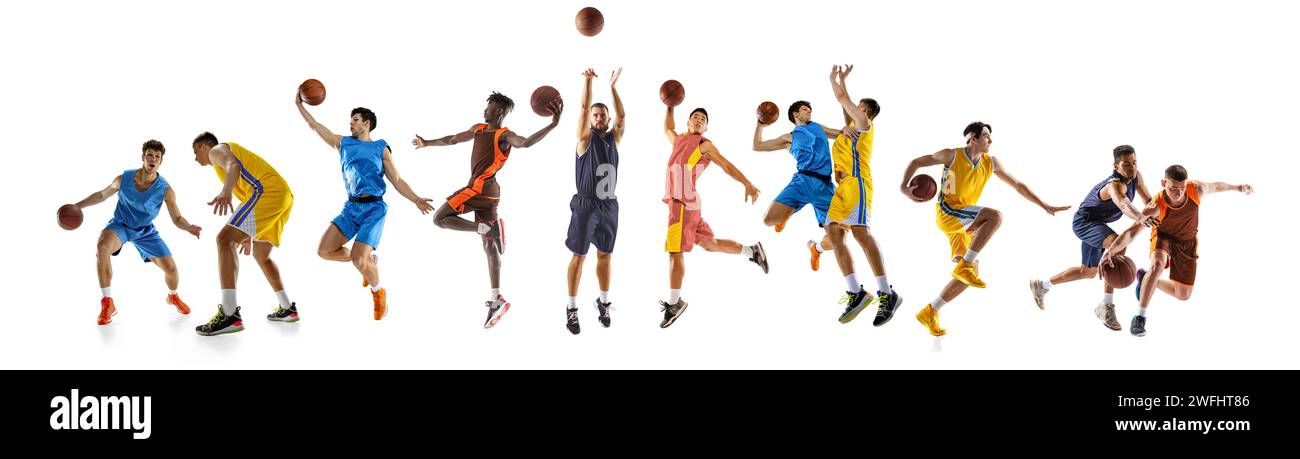 Banner. Collage. Team sport. Young athletic men, different races play ...