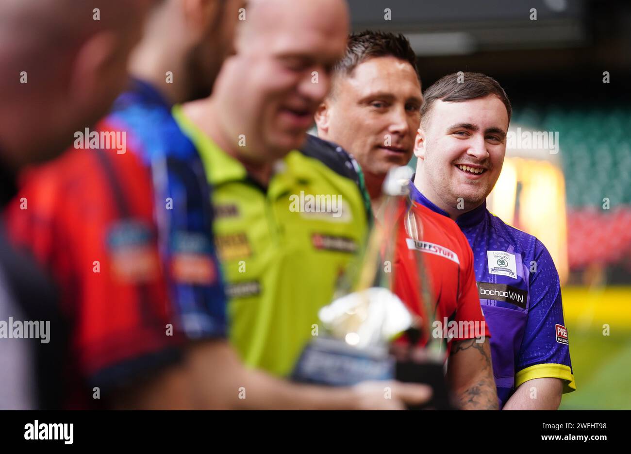 Luke Littler (right) during the BetMGM Premier League launch at the ...