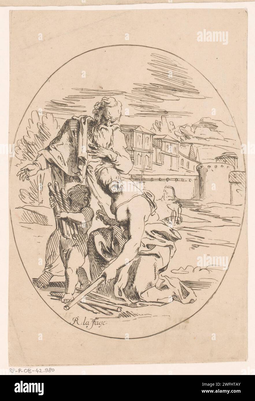 Standing old man with kneeling woman and child who wears sticks, Honoré ...