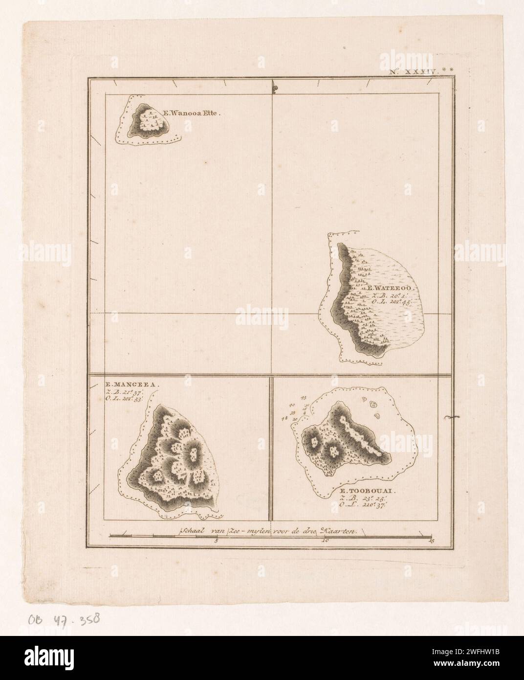 Map of four islands in the Pacific Ocean, including Mangaia and Tubuai ...