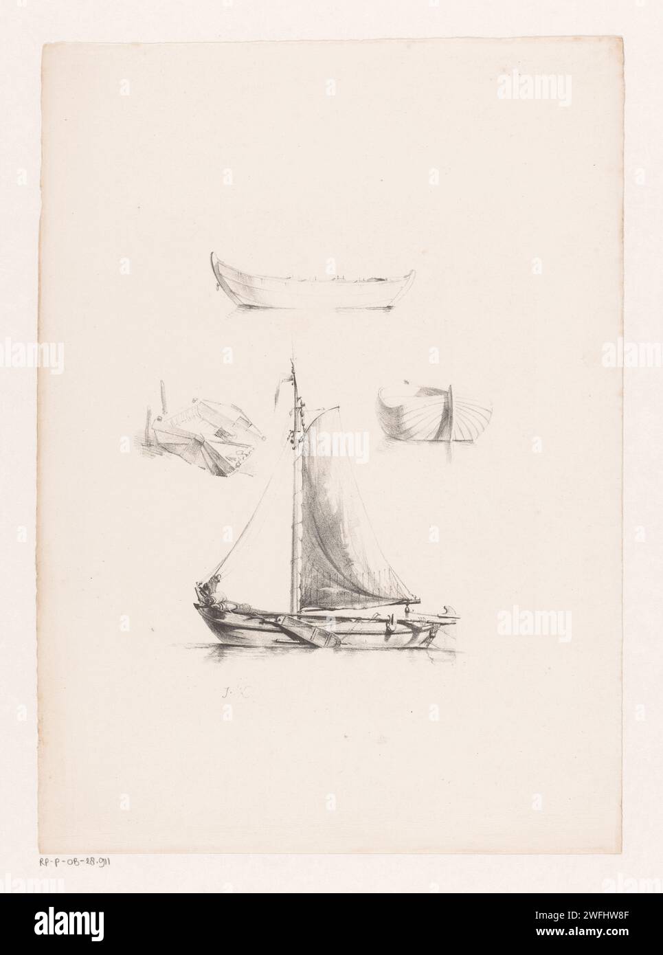Four faces of a sailing ship, Johannes Koekkoek, 1821 - 1831 print In ...