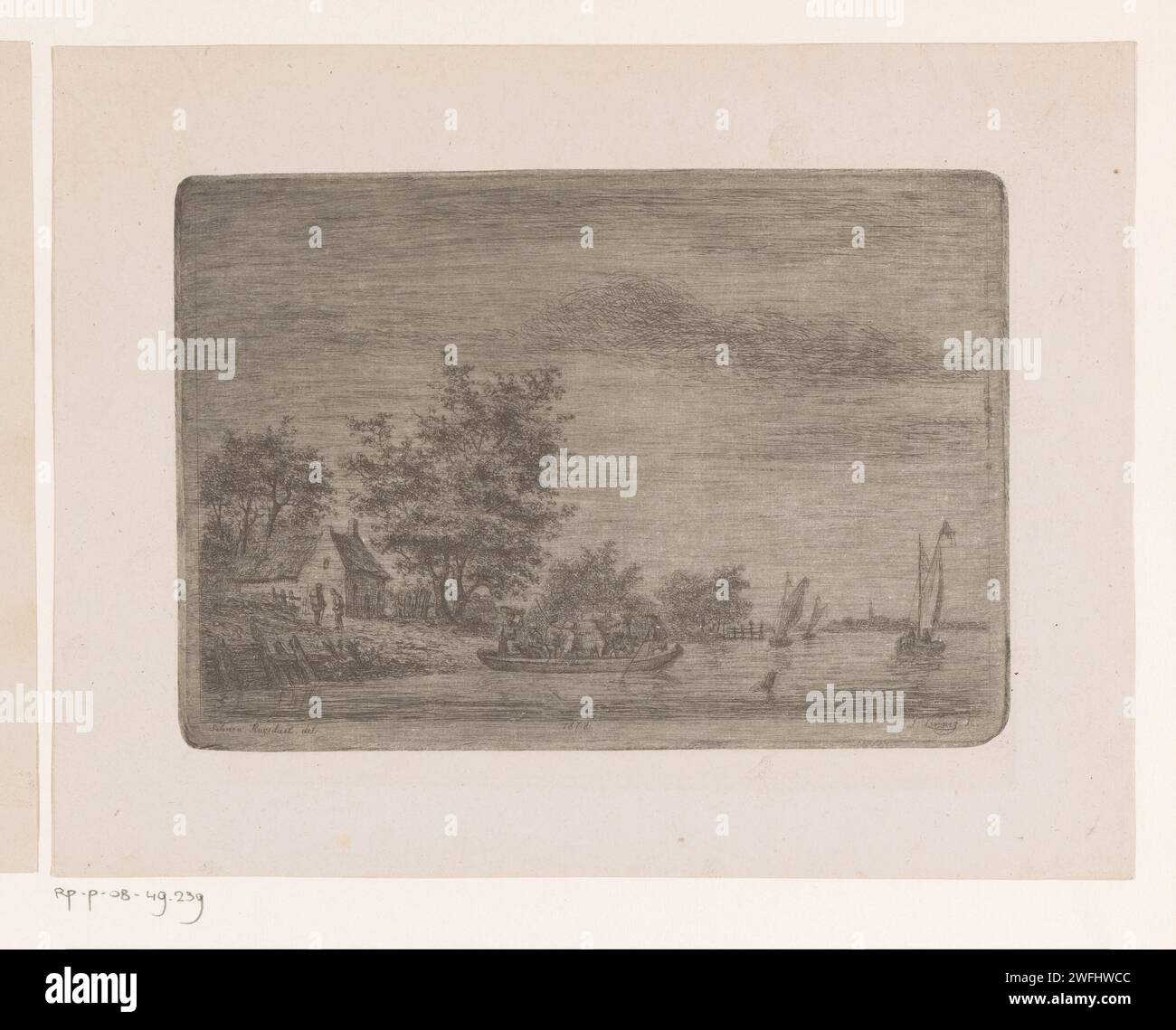 River face with a ferry that crosses people and cows, Jean Théodore ...