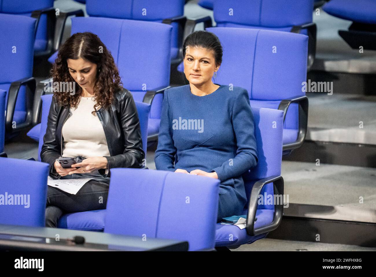 Berlin, Germany. 31st Jan, 2024. Sahra Wagenknecht (BSW) follows the ...