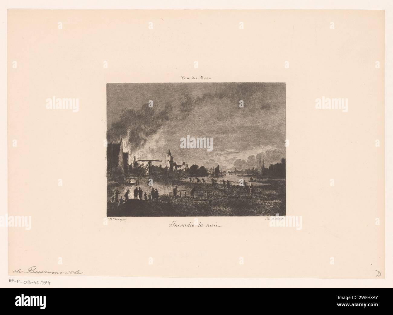 View of a city fire at night, Charles Courtry, After Jan van der Neer ...