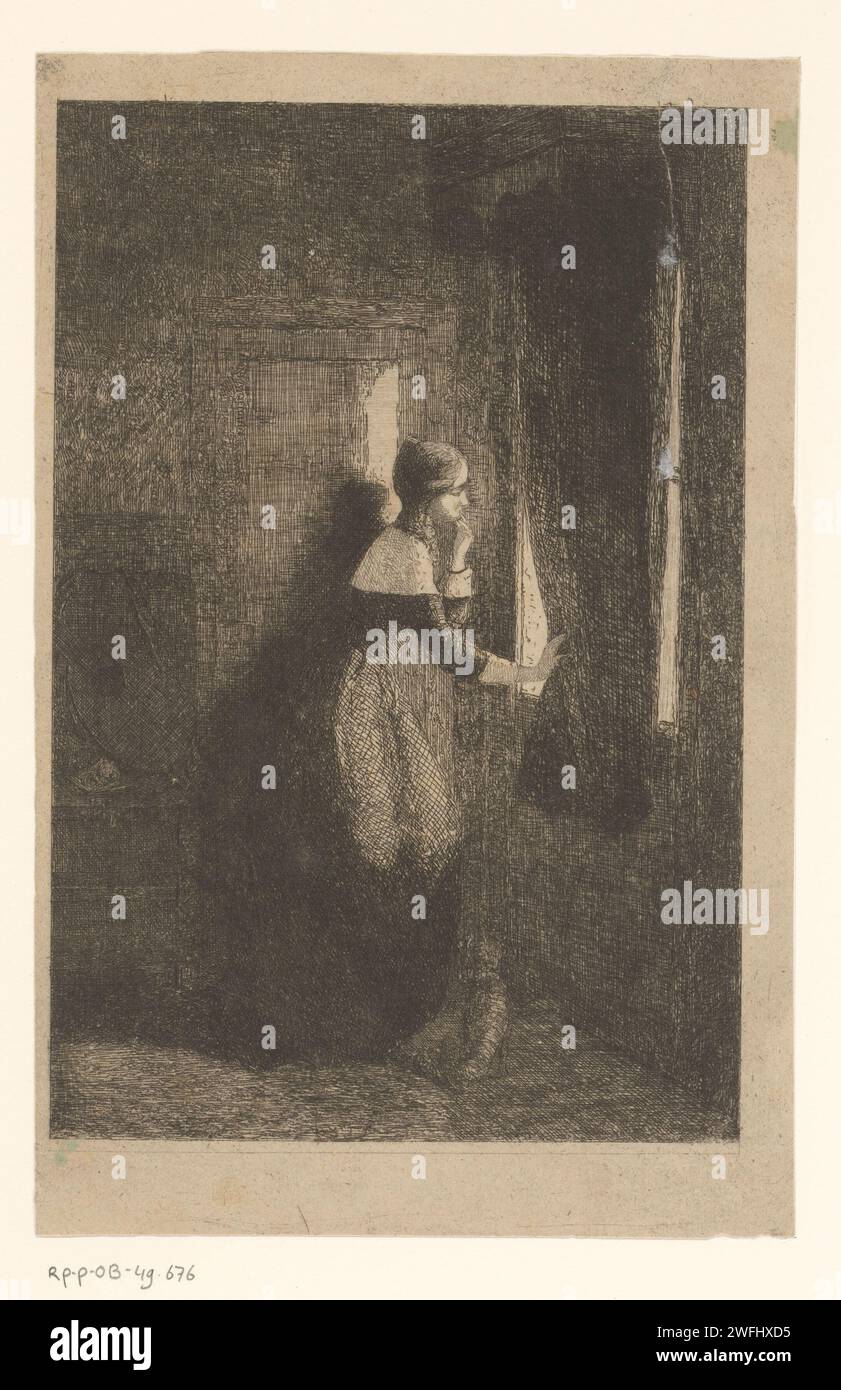 Young woman looks outside along a curtain, Guillaume Joseph Vertommen ...