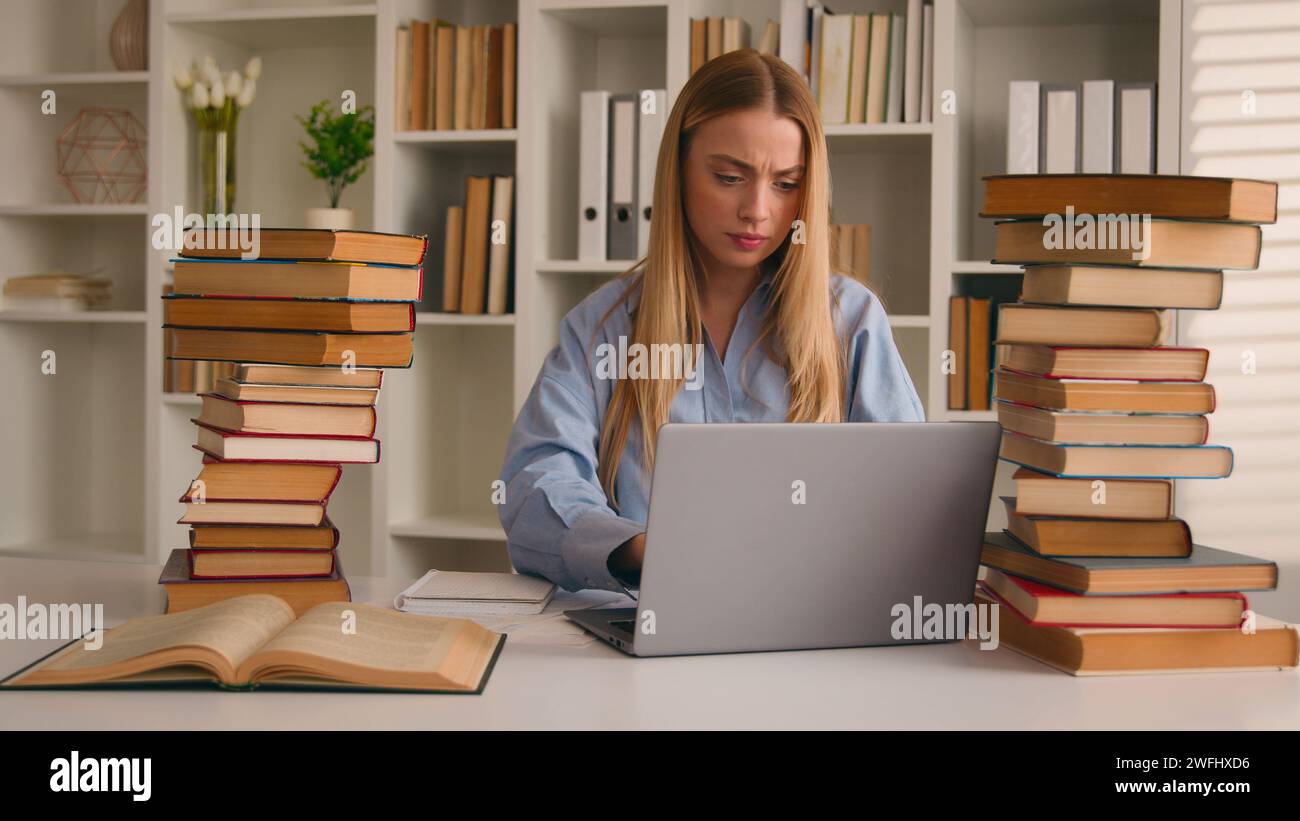 Busy Caucasian student girl stressed leaner pupil woman studying with ...