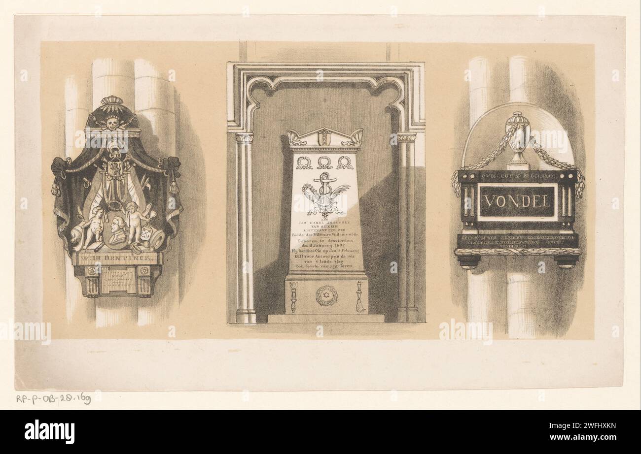 Three grave monuments in the Nieuwe Kerk Amsterdam, Anonymous, 1809 - c. 1899 print On the left ...