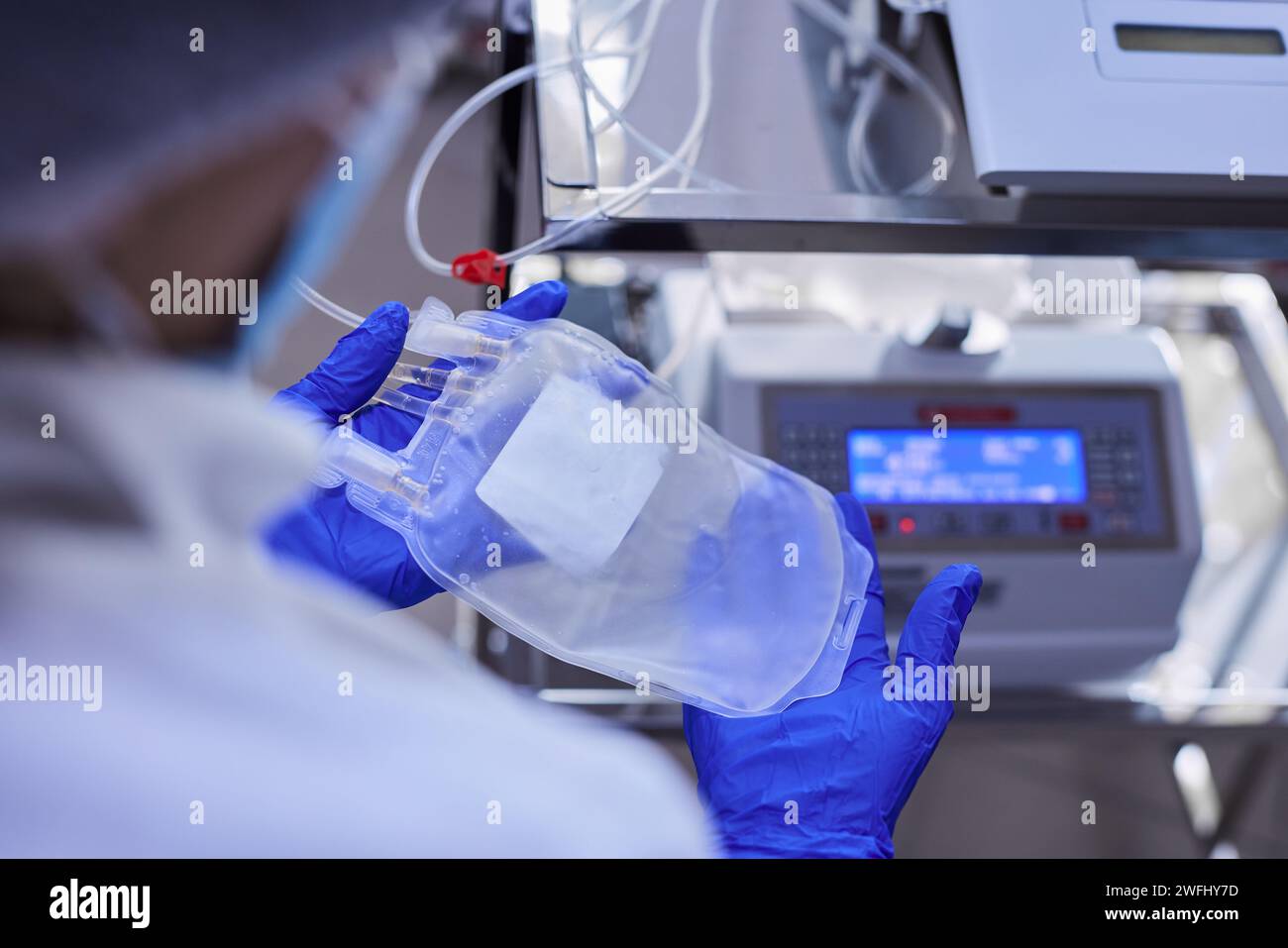 Scientist wear blue gloves hand holding red blood bag from donor at ...