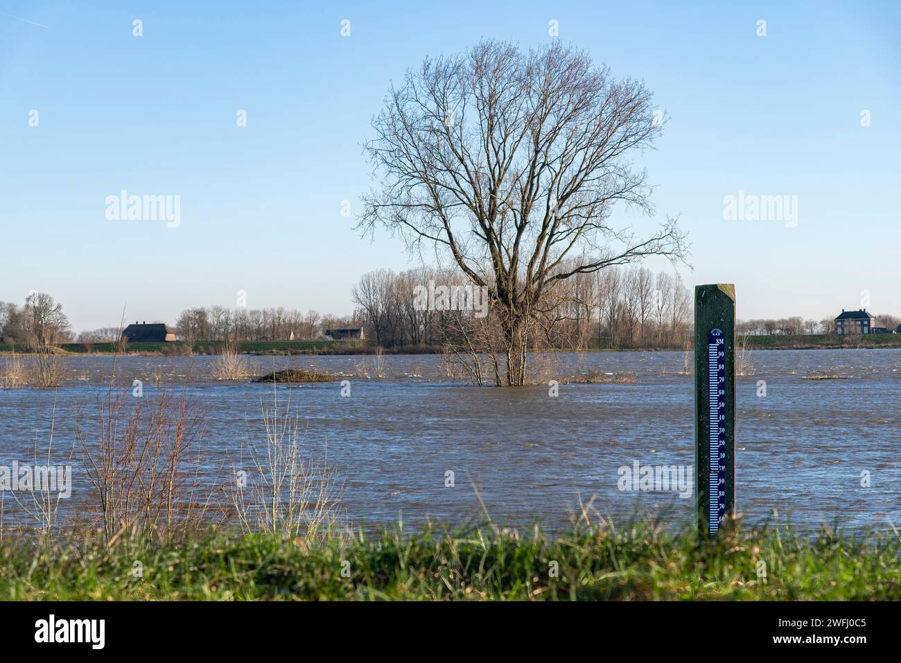 Water flooding the floodplains along a river in the Netherlands during ...