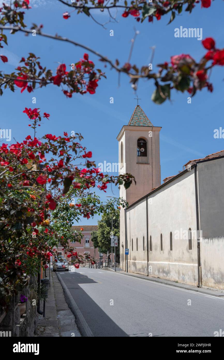 Church along a roadway in the Town of Vallermosa, Island of Sardinia ...