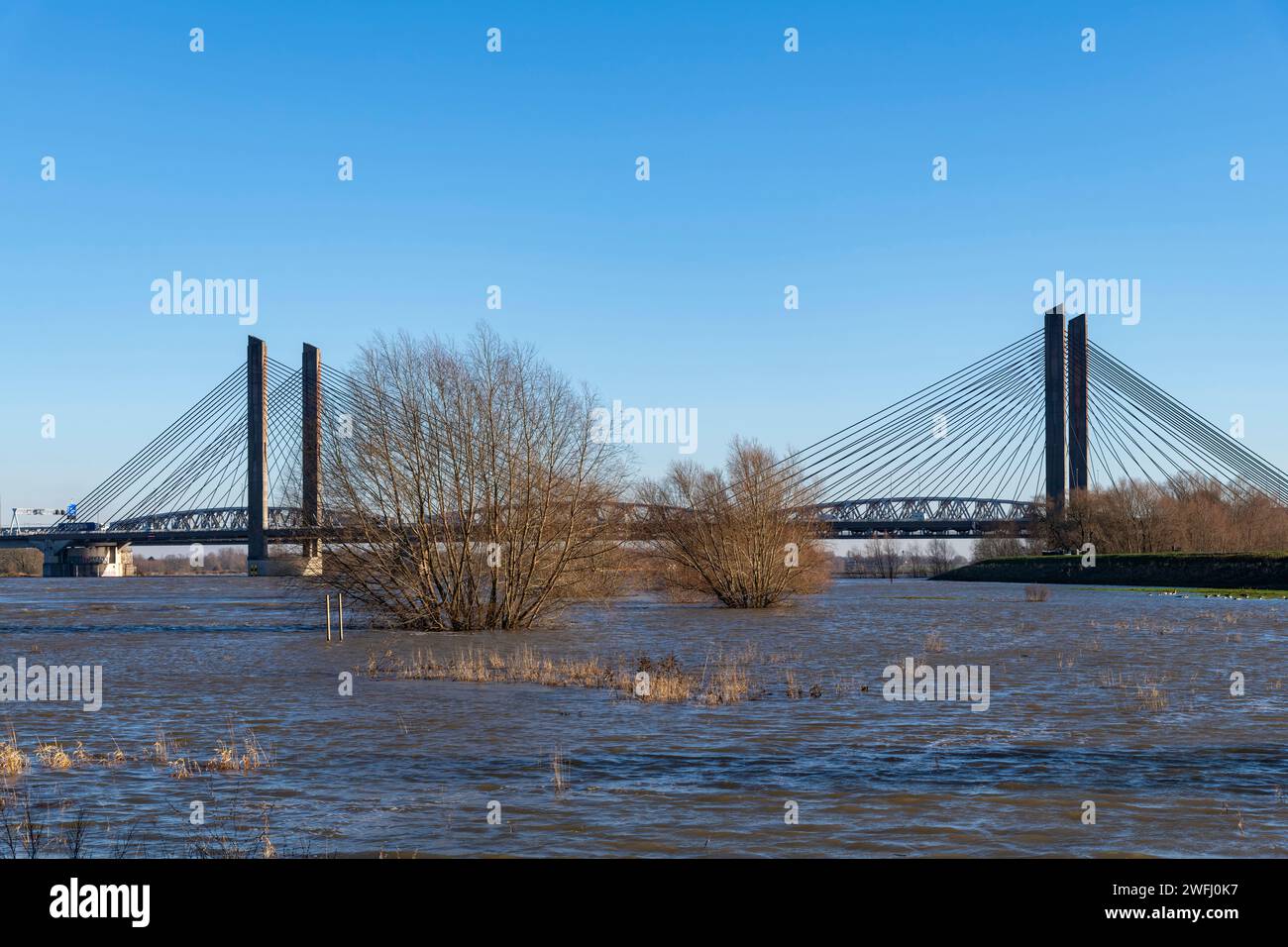 High water levels flooding the floodplains along the Maas River with ...
