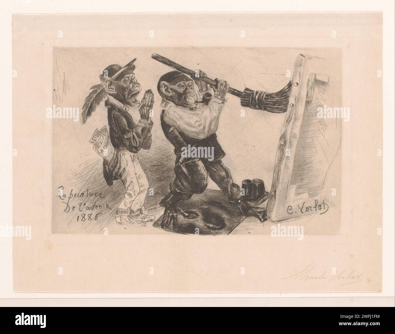 Painting monkey, Charles Verlat, 1886 print paper ETCHING / ROUCH ...