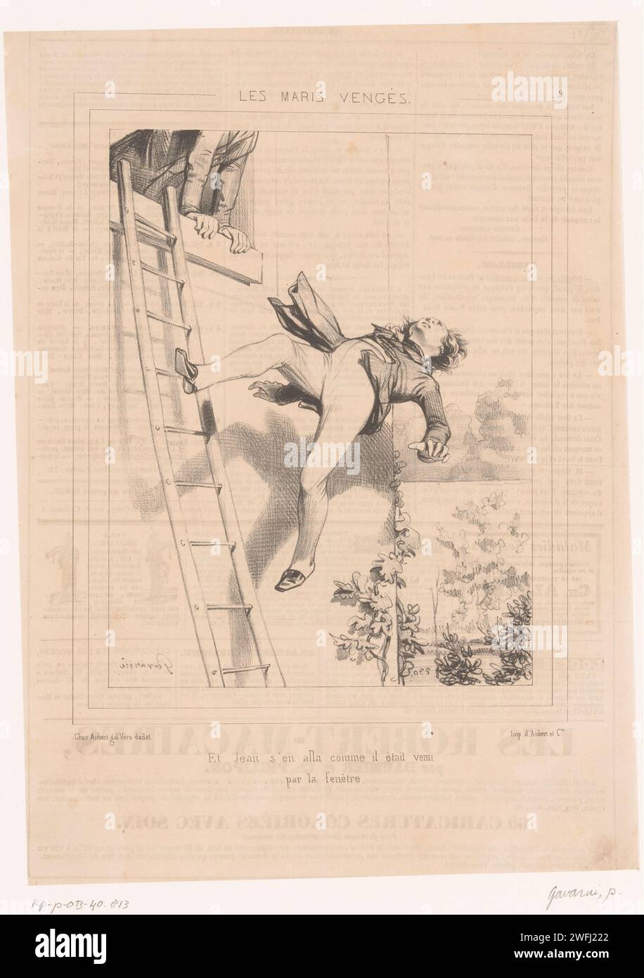 Man is thrown out of the window by other man, Paul Gavarni, 1838 print ...
