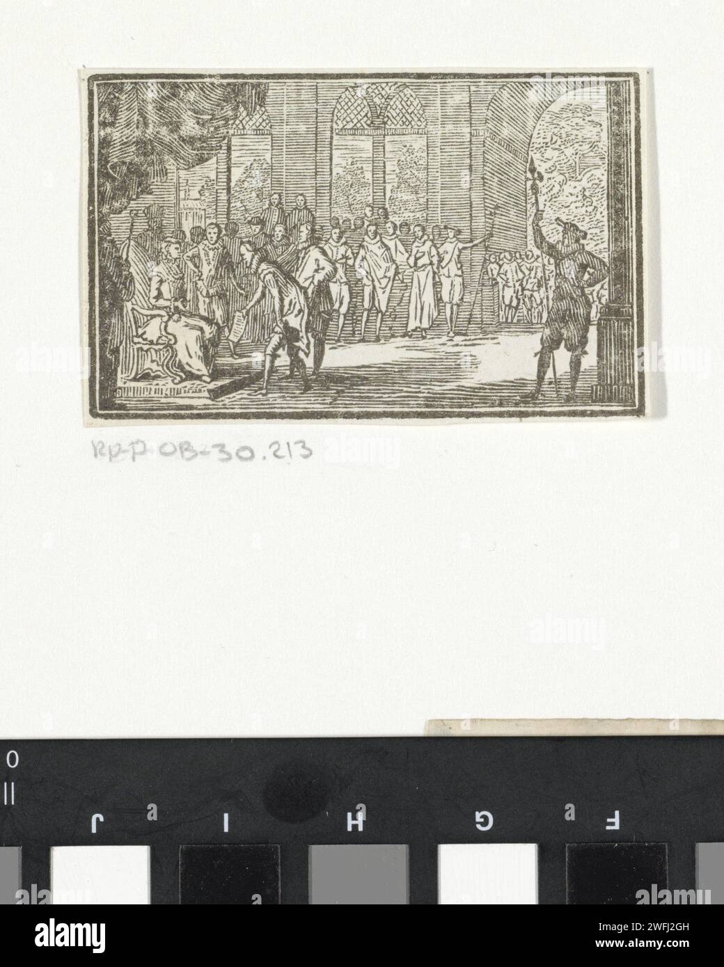 Man with a collar offers a woman on a throne a document, Cornelis van ...
