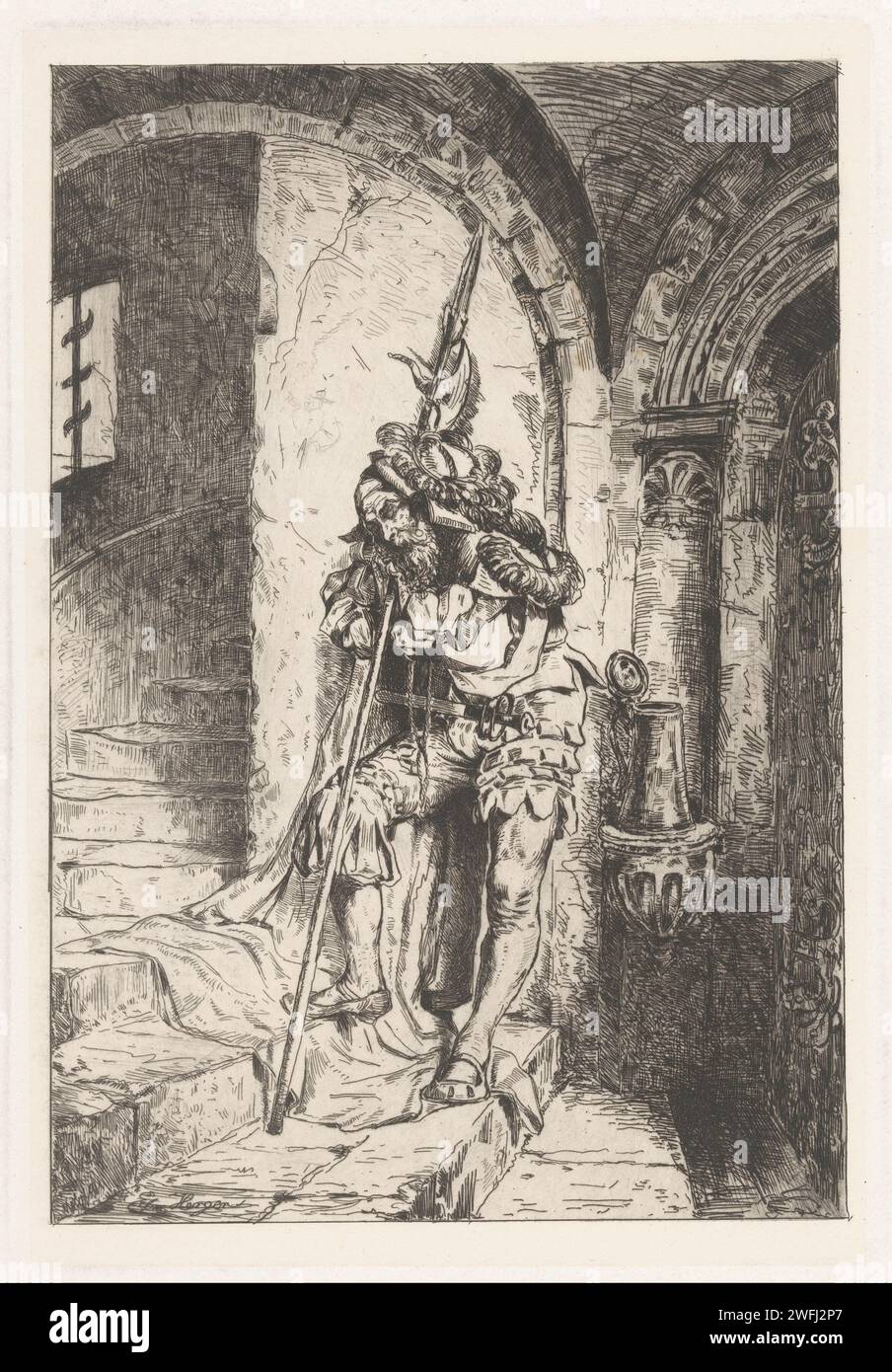 Sleeping soldier leans on a staircase against his Hellebaard, Edmund ...