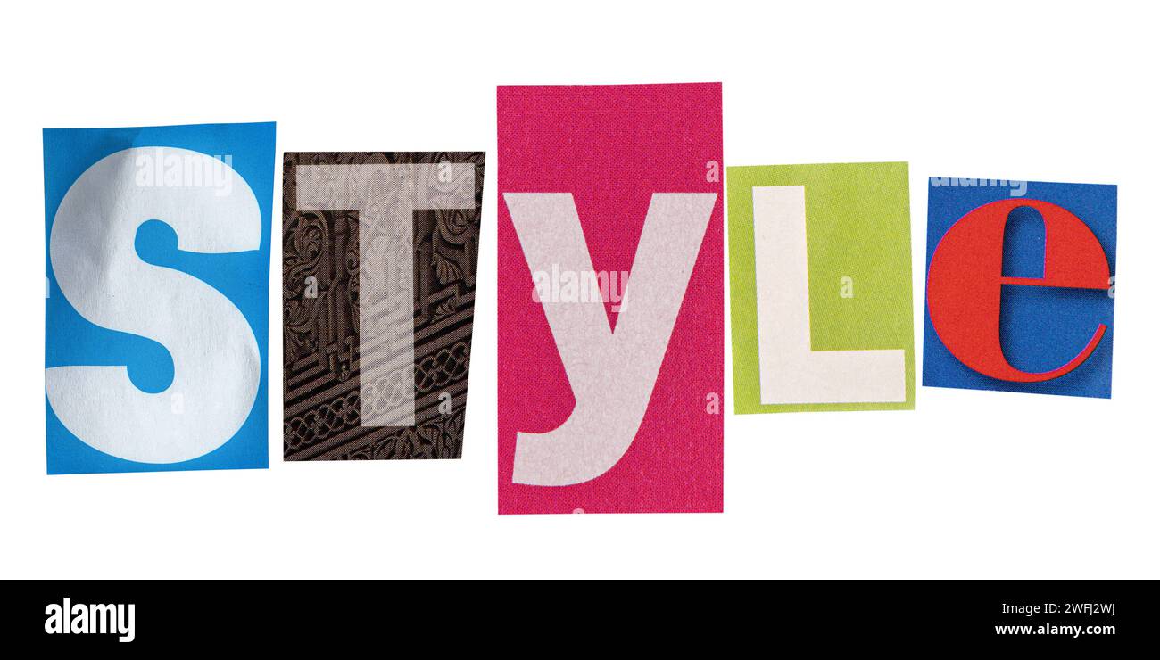 The word style made from cutout letters from printed magazines ...
