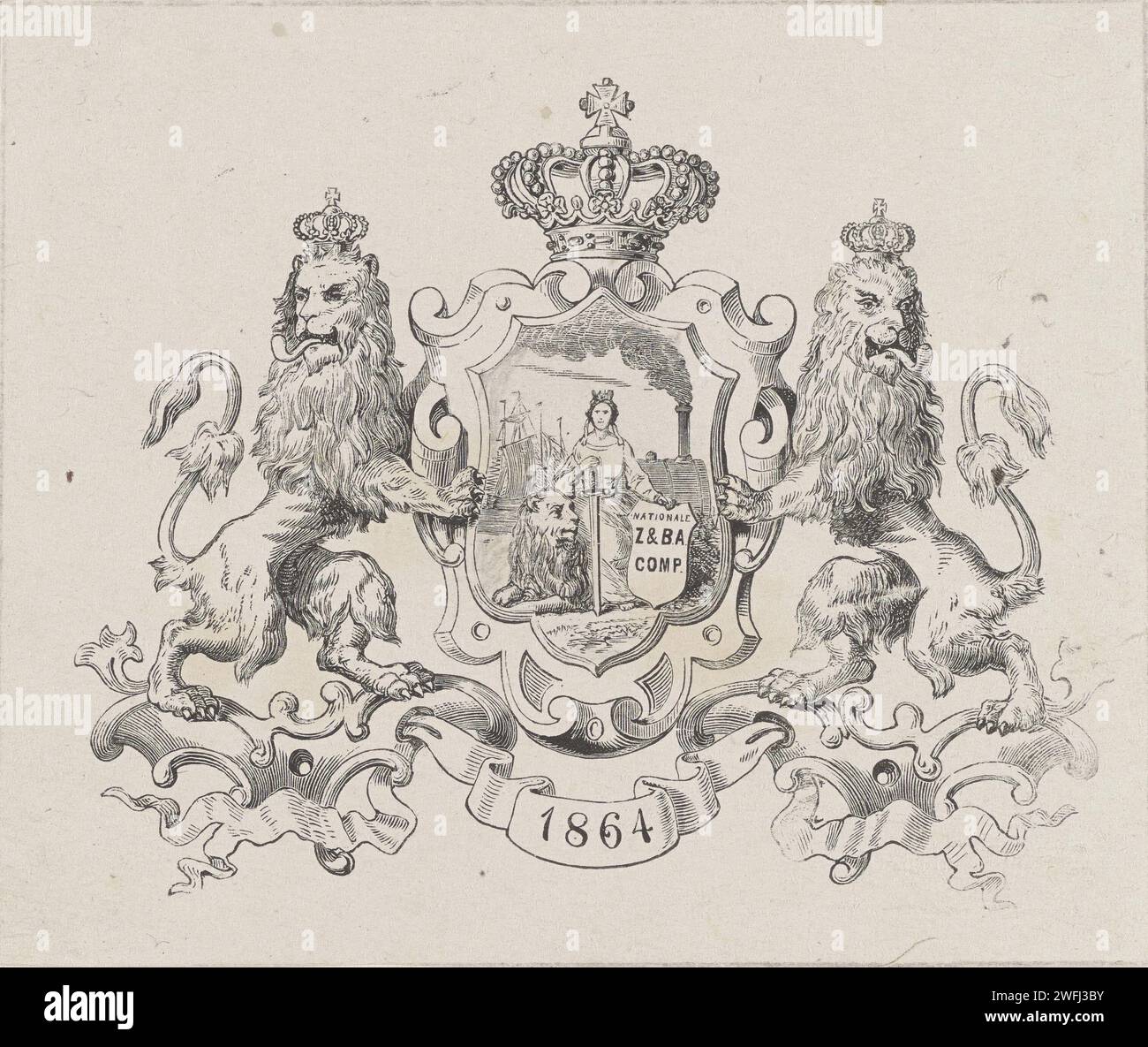 Dutch Virgin and the Dutch Lion in an ornamented frame with a crown ...