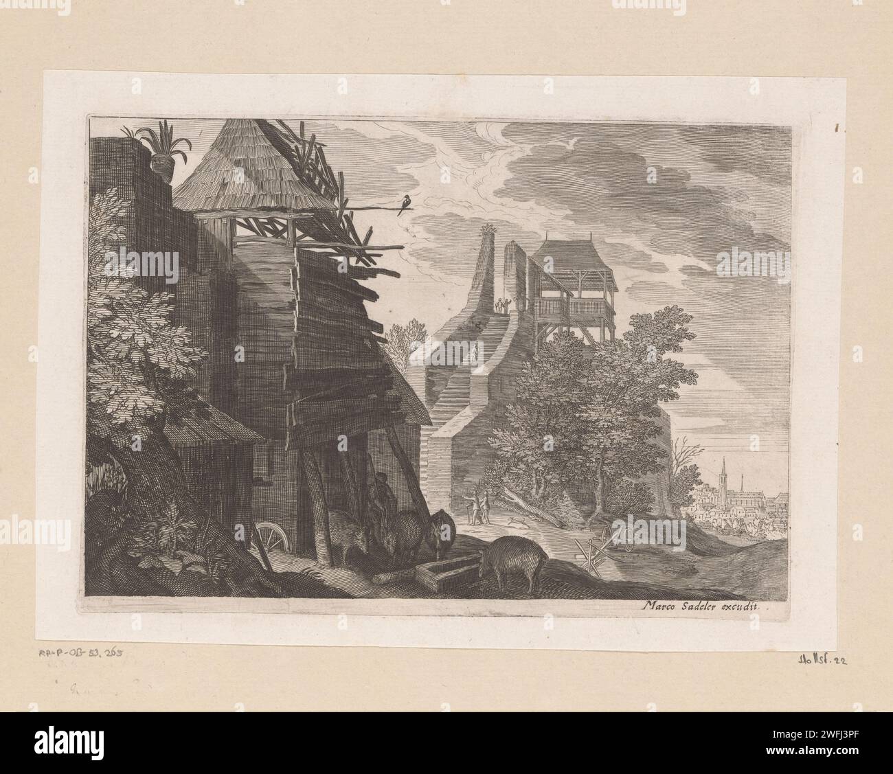 Watchtower and a man with four pigs, Isaac major, after Pieter Stevens ...