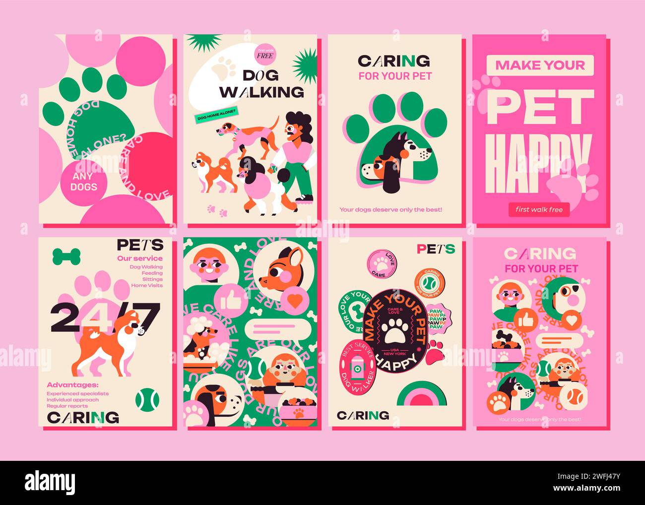 Set of 8 minimalist posters for dog walking services. Pet care, feeding ...