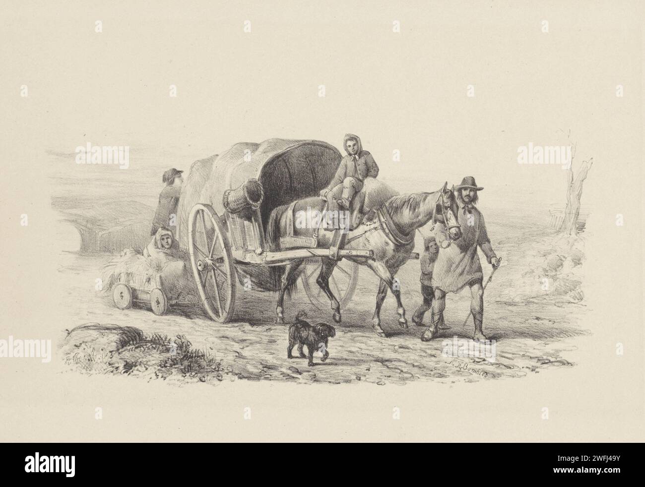 Covered wagon with family on the road, Karel Frederik Bombled, 1832 ...