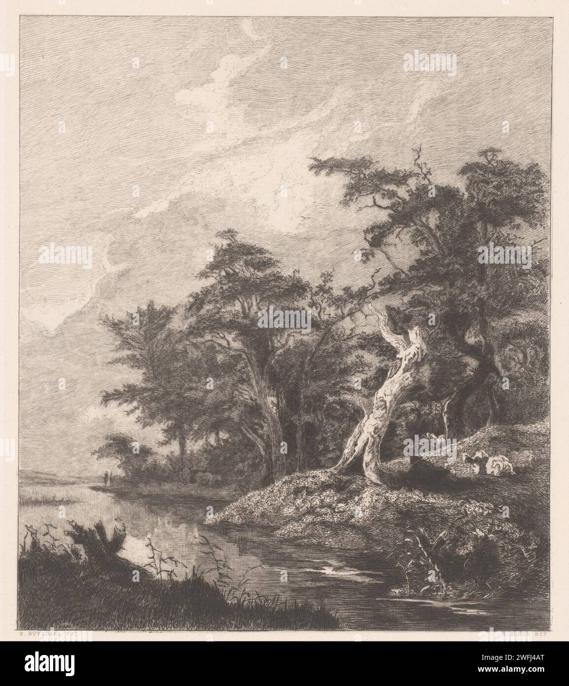 River landscape with resting shepherd at a tree stump, Gustave Marie ...