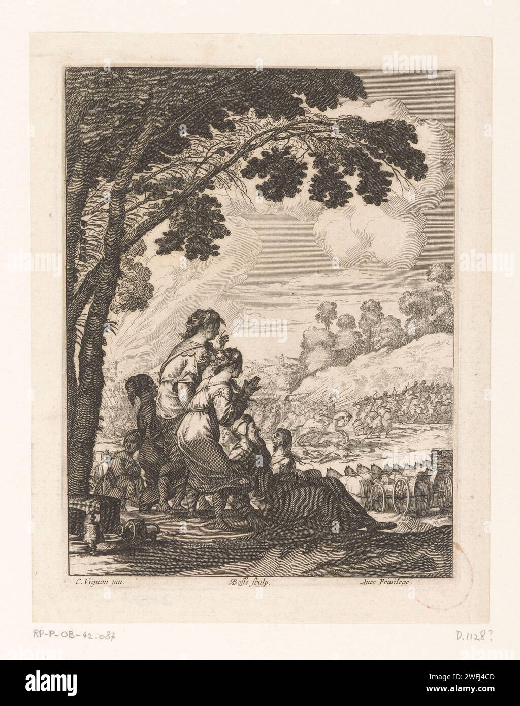 Group of women and an old man view the battle between Palamède and his ...