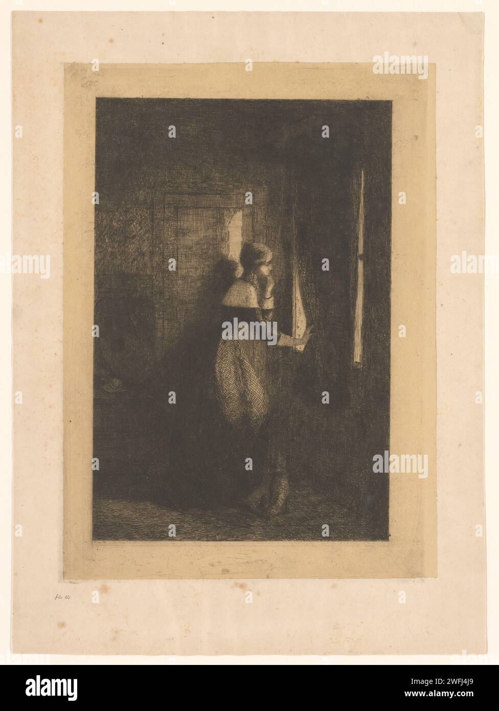 Young woman looks outside along a curtain, Guillaume Joseph Vertommen ...