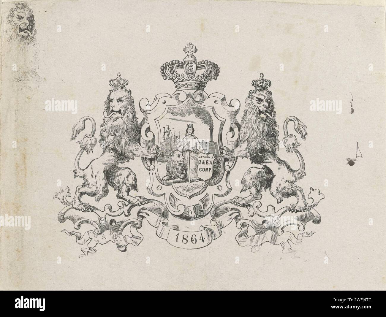 Dutch Virgin and the Dutch Lion in an ornamented frame with a crown ...