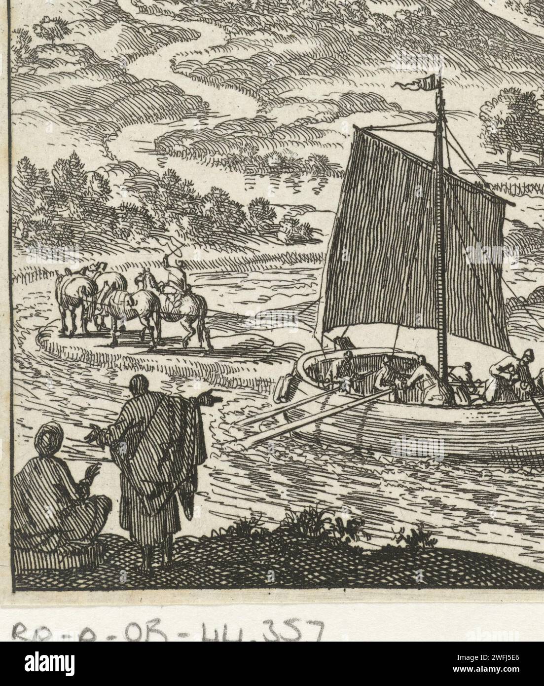 River landscape in which a barge is pulled through four horses, Jan ...