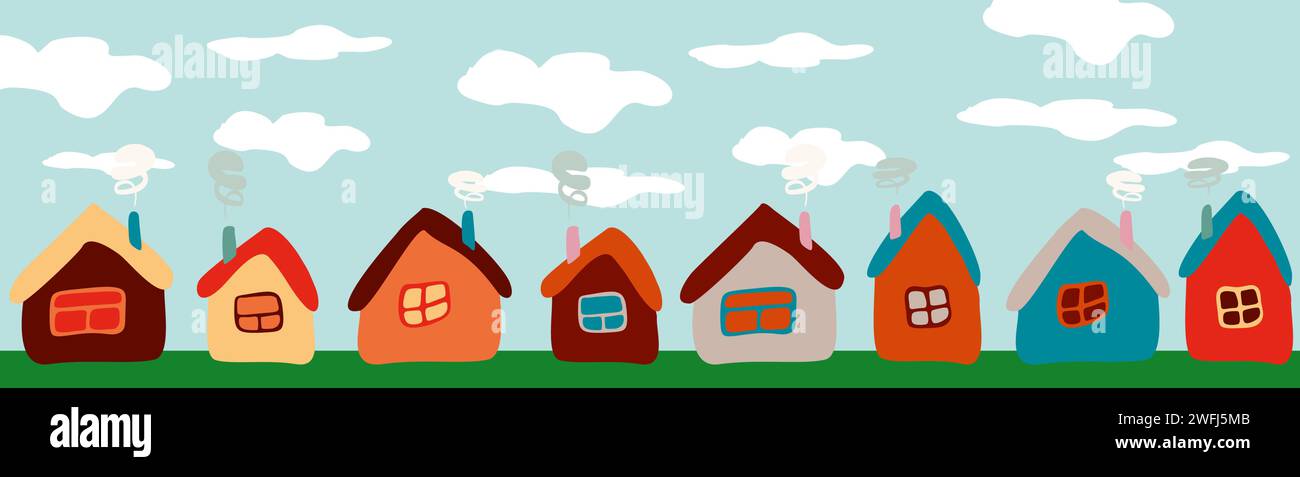 Cartoon Childish Houses on the Background of Blue sky with Clouds ...