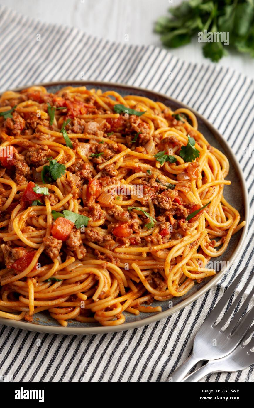 Homemade One-Pot Taco Spaghetti on a Plate, side view Stock Photo - Alamy